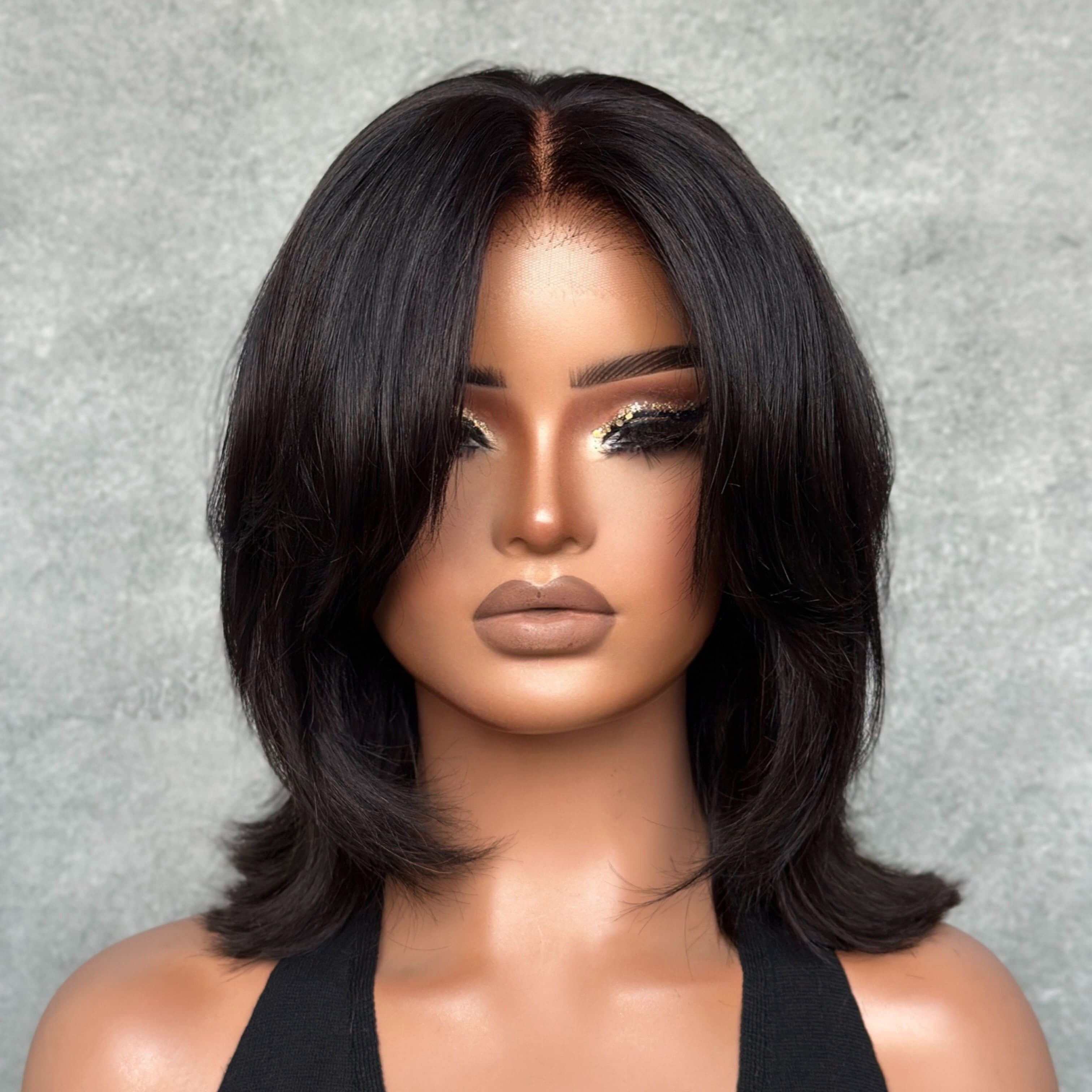 Face-Framing Sleek Swoop Bangs Layered Bob 6x5 Glueless Lace Human Hai ...