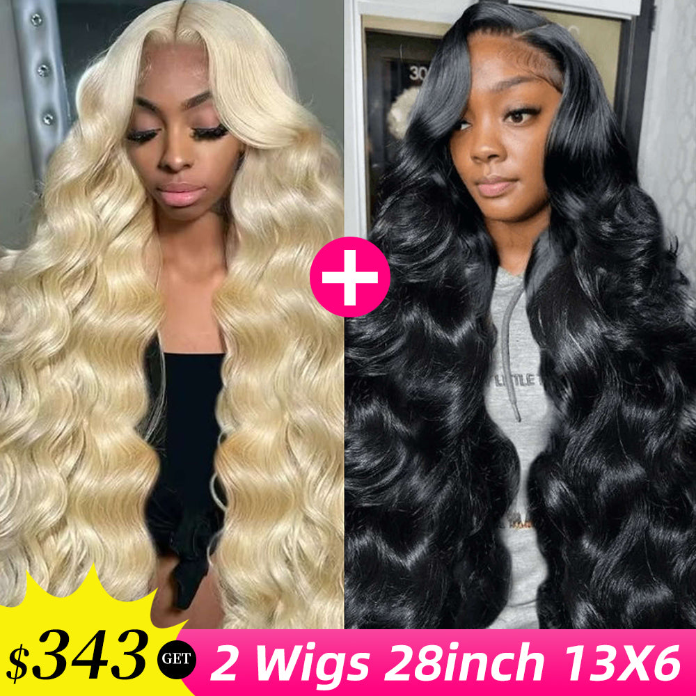 [2Wigs 13x6] Blonde Color & Natural Black Body Wave 28 Inches Lace Fro ...